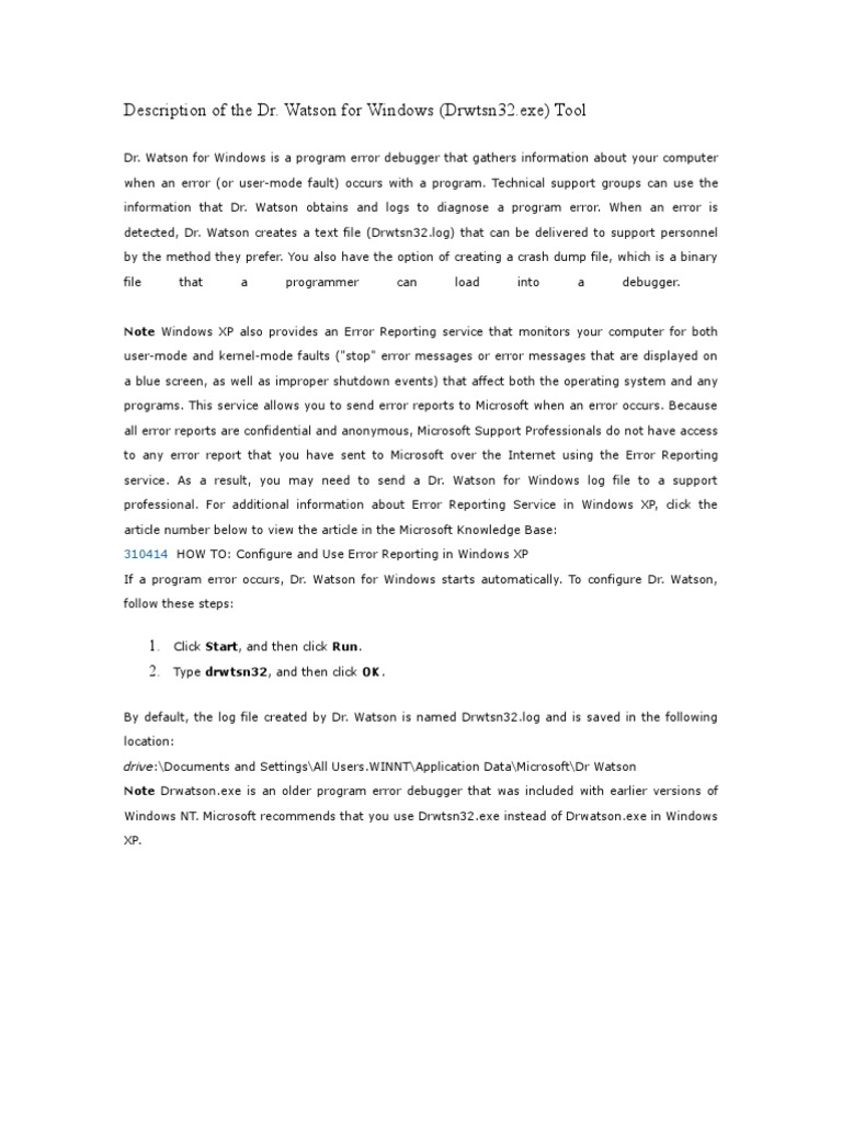 Description of the Dr WATSON | Windows Registry | Microsoft Windows