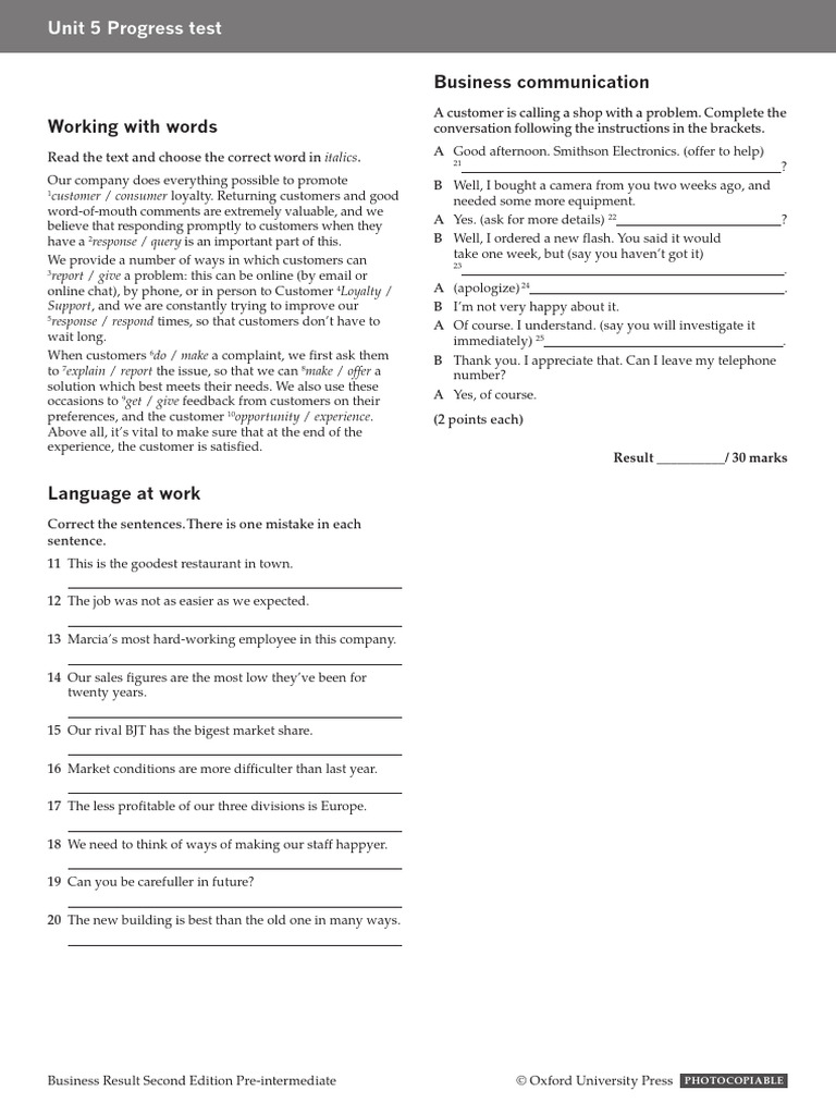BR2e Pre-Intermediate Unit5 Progress Test | PDF | Human Communication