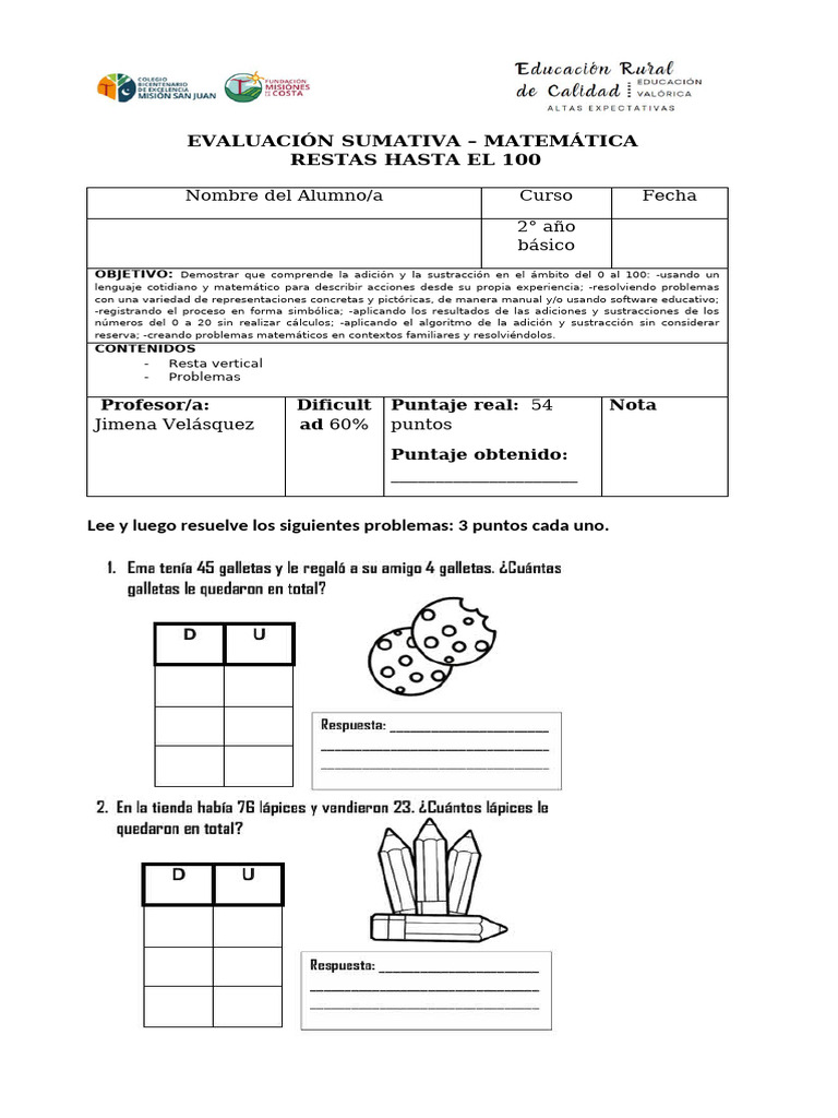 Evaluación Restas Hasta El 100 | PDF | Sustracción | Ciencias de la ...