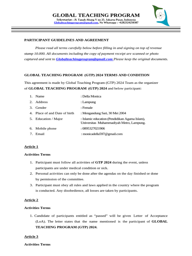 Agreement Letter Fully Funded GTP 2024 | PDF