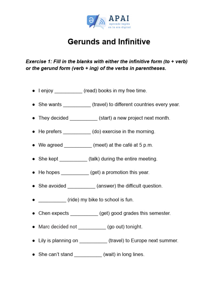 Ejercicios de Infinitivo y Gerundio en Ingles Resueltos PDF | PDF ...