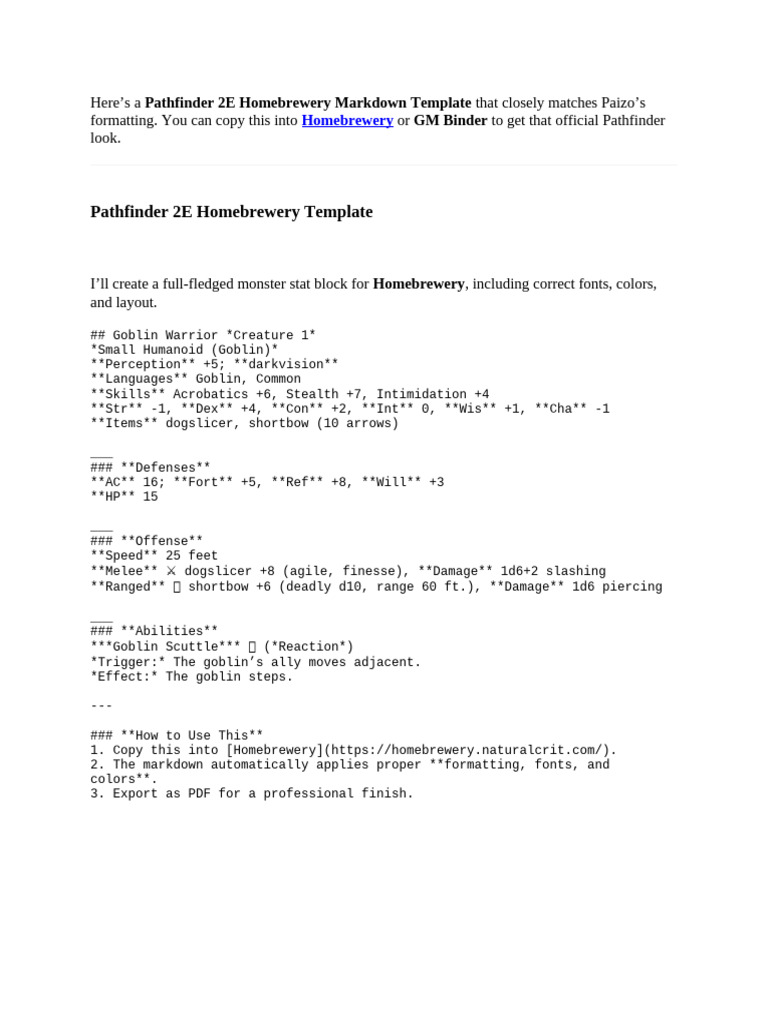 PF2E Homebrew Markdown Template | PDF