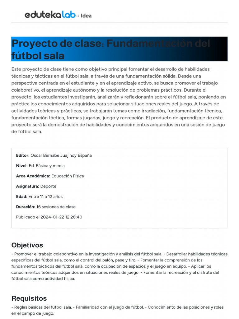Proyecto de Clase_ Fundamentación Del Fútbol Sala | PDF