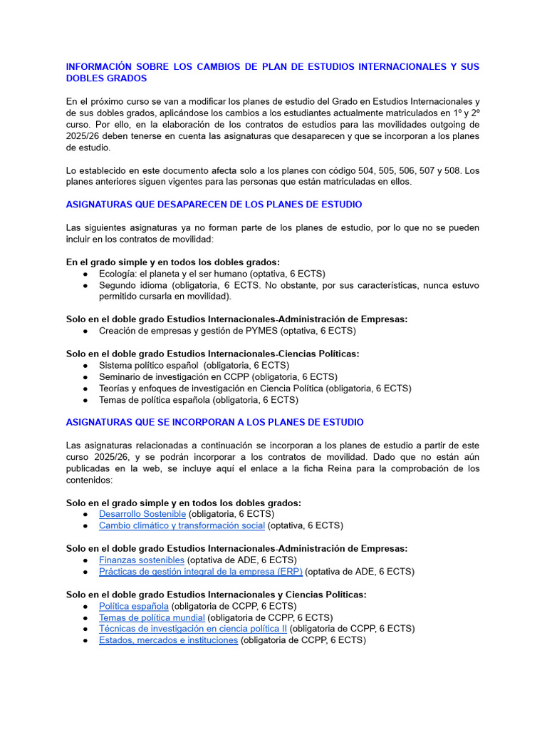 Cambios Plan EEII y Movilidad | PDF