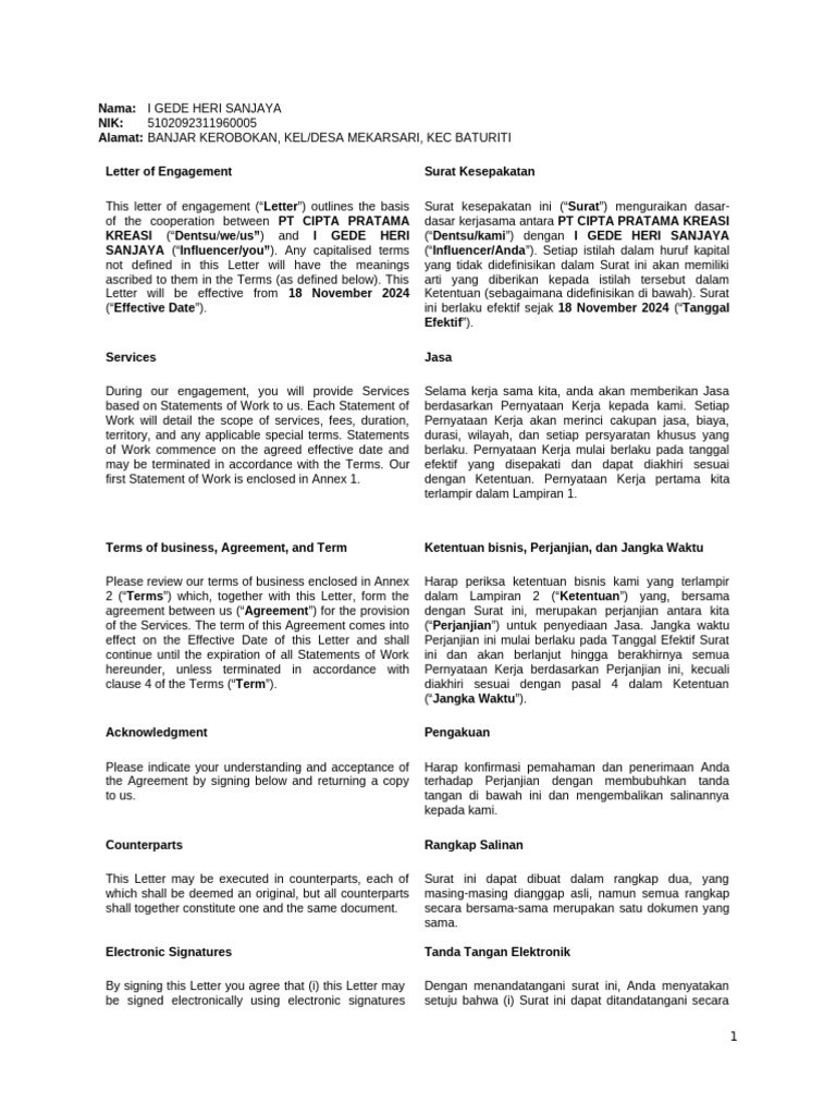 Letter of Engagement-InfluencerHeriSanjaya-Template Vers 2024 - LGL | PDF