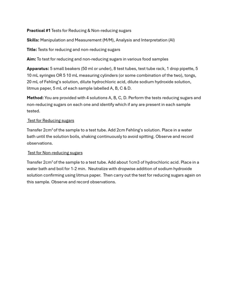 Practical 1 - Reducing and Non Reducing Sugars | PDF