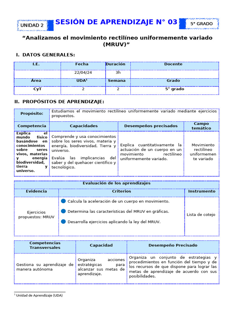 SESIÓN 3 - Analizamos El Movimiento Rectilíneo Uniformemente Variado (MRUV) - CYT - 5° | PDF ...
