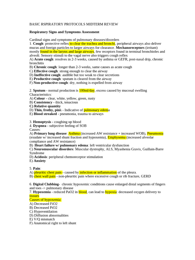 Basic Rspiratory Protocols Midterm Review | PDF | Respiratory Tract | Cough