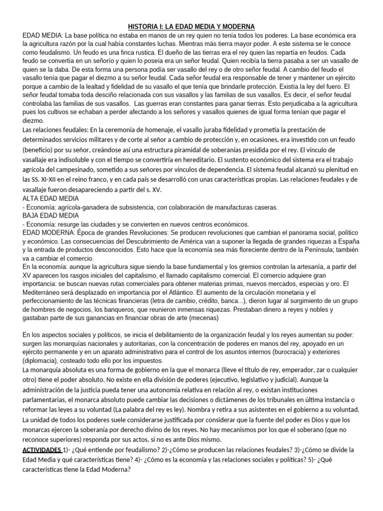 Historia I Edad Media y Moderna | PDF | Monarquía absoluta | Feudalismo
