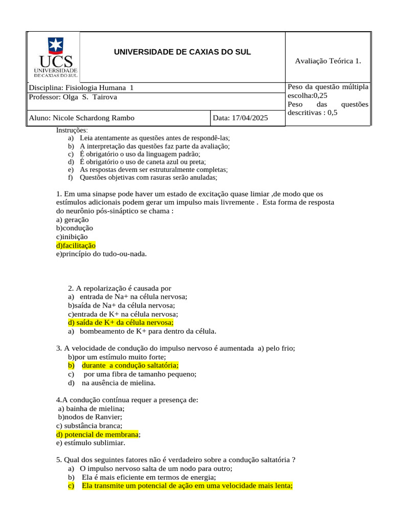 Prova Fisio1 202511 Nicole S Rambo | PDF | Sinapse | Potencial de ação