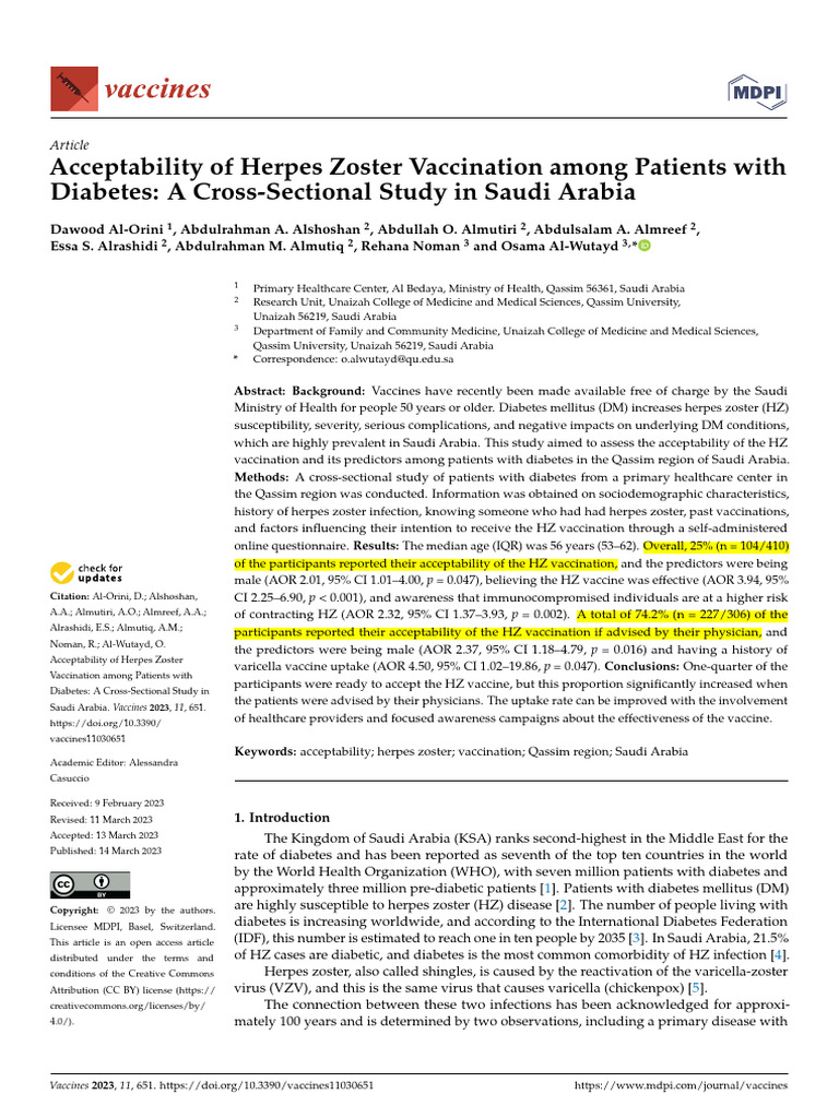 Acceptability of Herpes Zoster Vaccination Among Patients With Diabetes ...