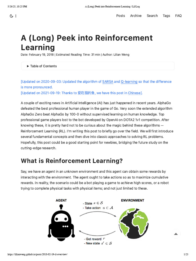 A (Long) Peek Into Reinforcement Learning - Lil'Log | PDF | Applied Mathematics | Theoretical ...