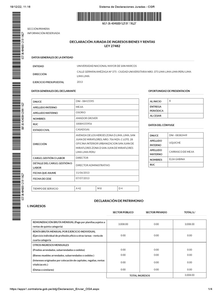 Sistema de Declaraciones Juradas - CGR-codigo barra | PDF | Lima | Economias
