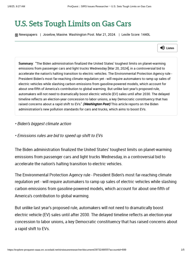 ProQuest - SIRS Issues Researcher U.S. Sets Tough Limits On Gas Cars ...