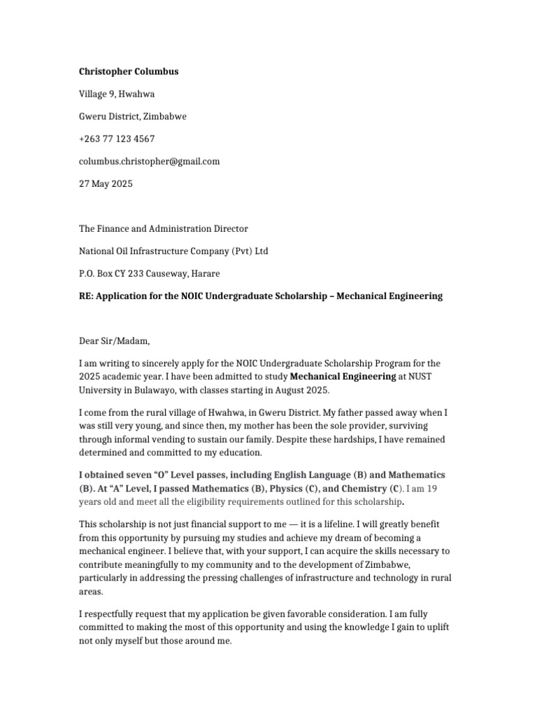 Christopher Columbus NOIC Application Letter | PDF