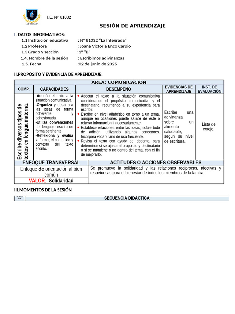 Sesión de Aprendizaje Escribimos Adivinanzas | PDF | Aprendizaje | Cognición