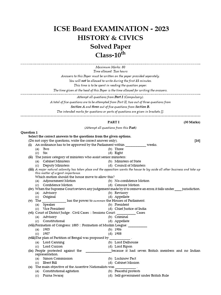 ICSE Class 10 History & Civics Solved Paper 2023 | PDF | British Raj ...