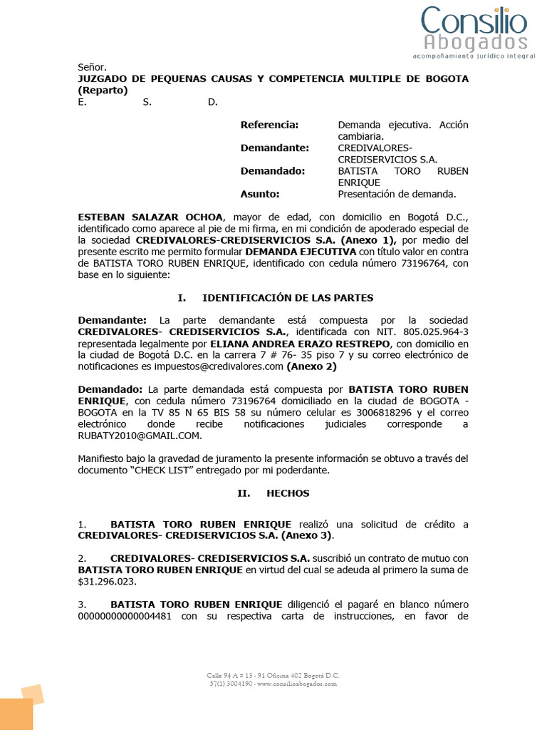 MOdelo Demanda Ejecutiva | PDF | Pagaré | Justicia
