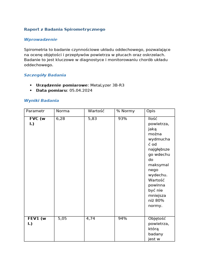Raport z Badania Spirometrycznego_Olha Yerome | PDF