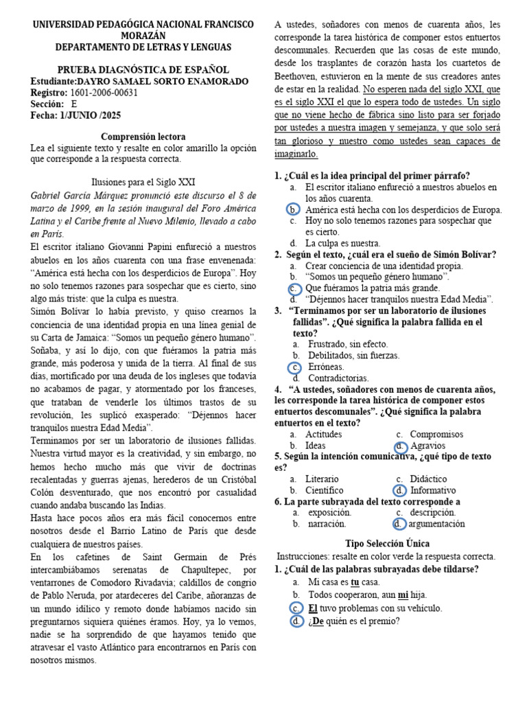 Prueba Diagnóstica de Español 2025 | PDF | Comunicación humana