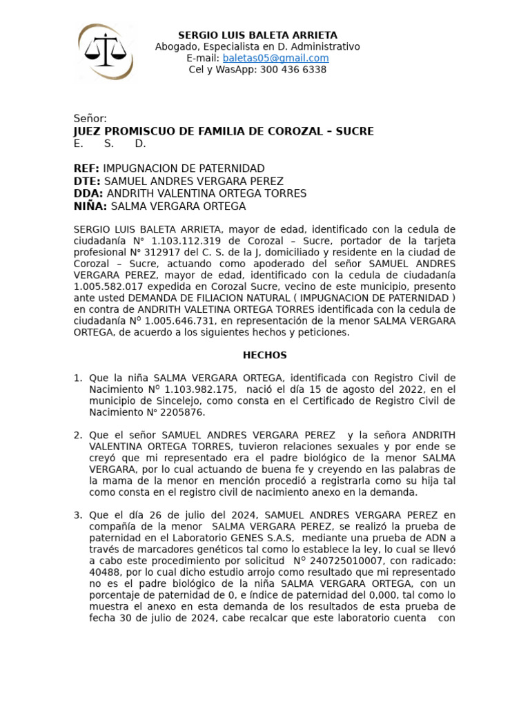 Demanda Samuel Vergara | PDF | Prueba genética | Genética