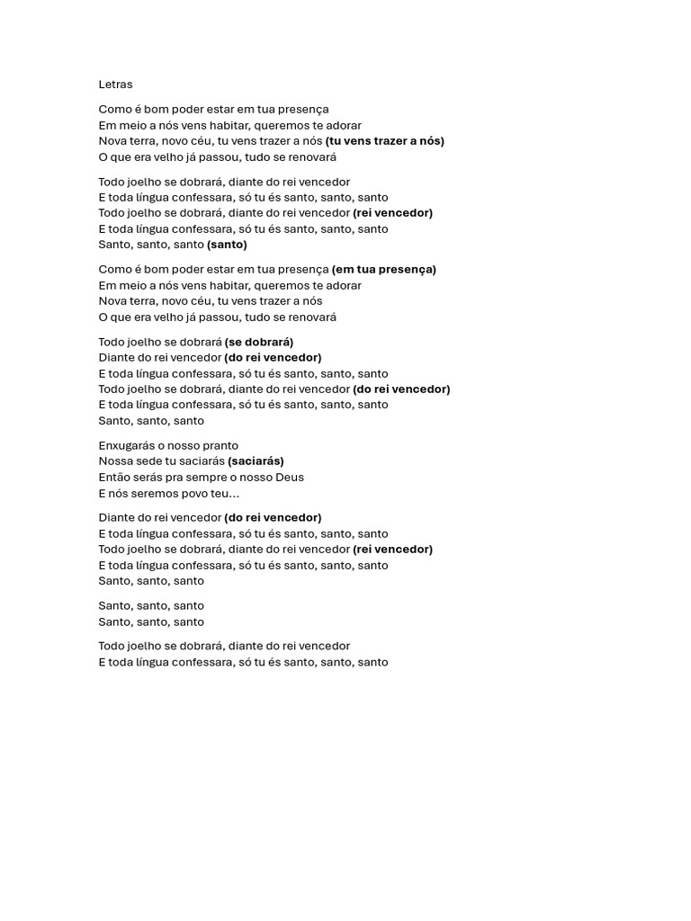 Letras - So Tu Es Santo | PDF