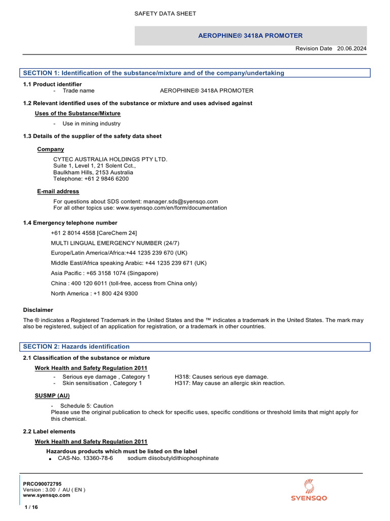 Aerophine 3418A Safety Data Sheet | PDF | Toxicity | Hydrogen Peroxide