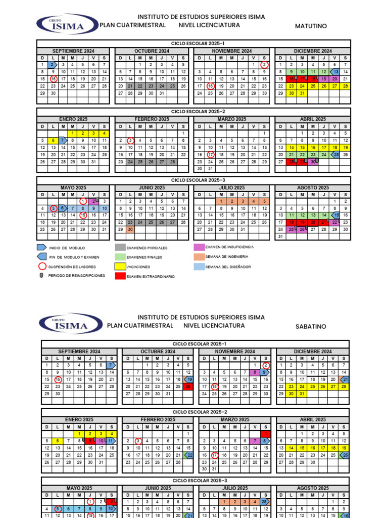 Calendario Escolar ISIMA 2025 | PDF
