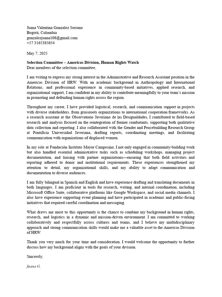Cover Letter - Human Rights Watch | PDF | Communication