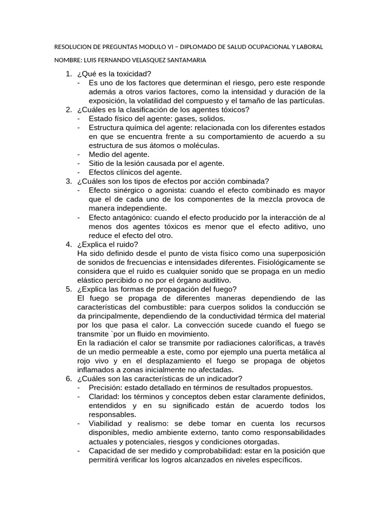 Resolucion de Preguntas Modulo Vi - Diplomado en Salud Ocupacional y Laboral | PDF | Seguridad y ...