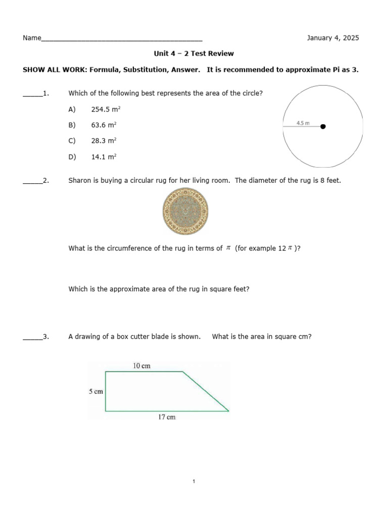 Circle and Area Test Review Guide | PDF | Area | Circle