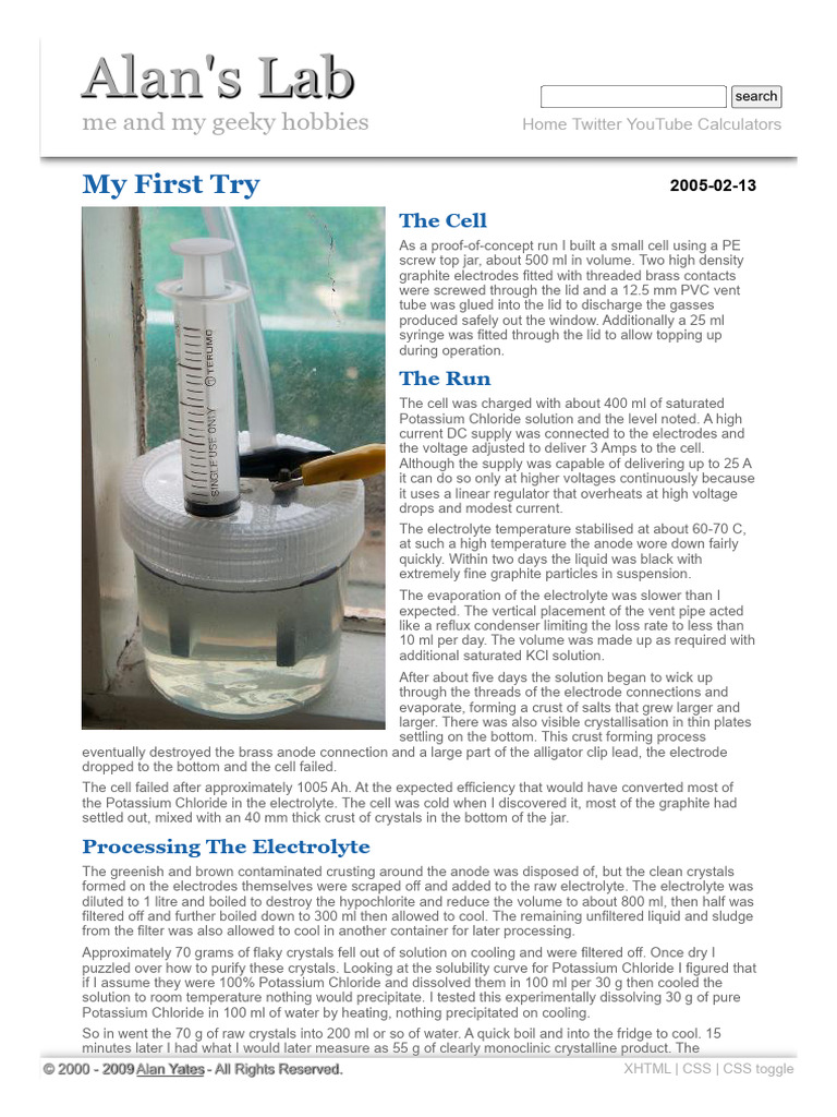 Alan Yates' Laboratory - My First chlorate cell Try | PDF | Electrolyte ...