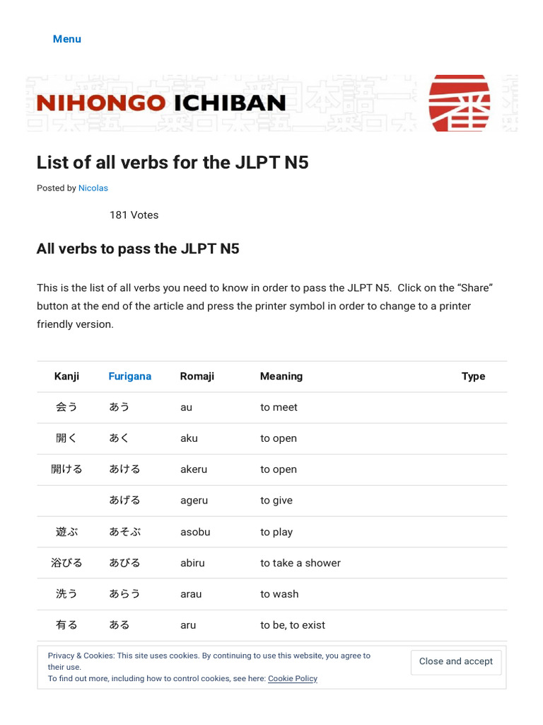 List of All Verbs For The JLPT n5 - Nihongo Ichiban | PDF | Languages ...