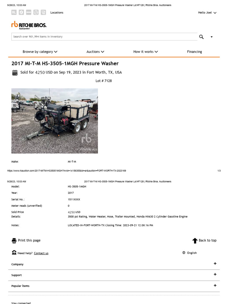 2017 MI-T-M HS-3505-1MGH Pressure Washer Lot #7128 - Ritchie Bros ...