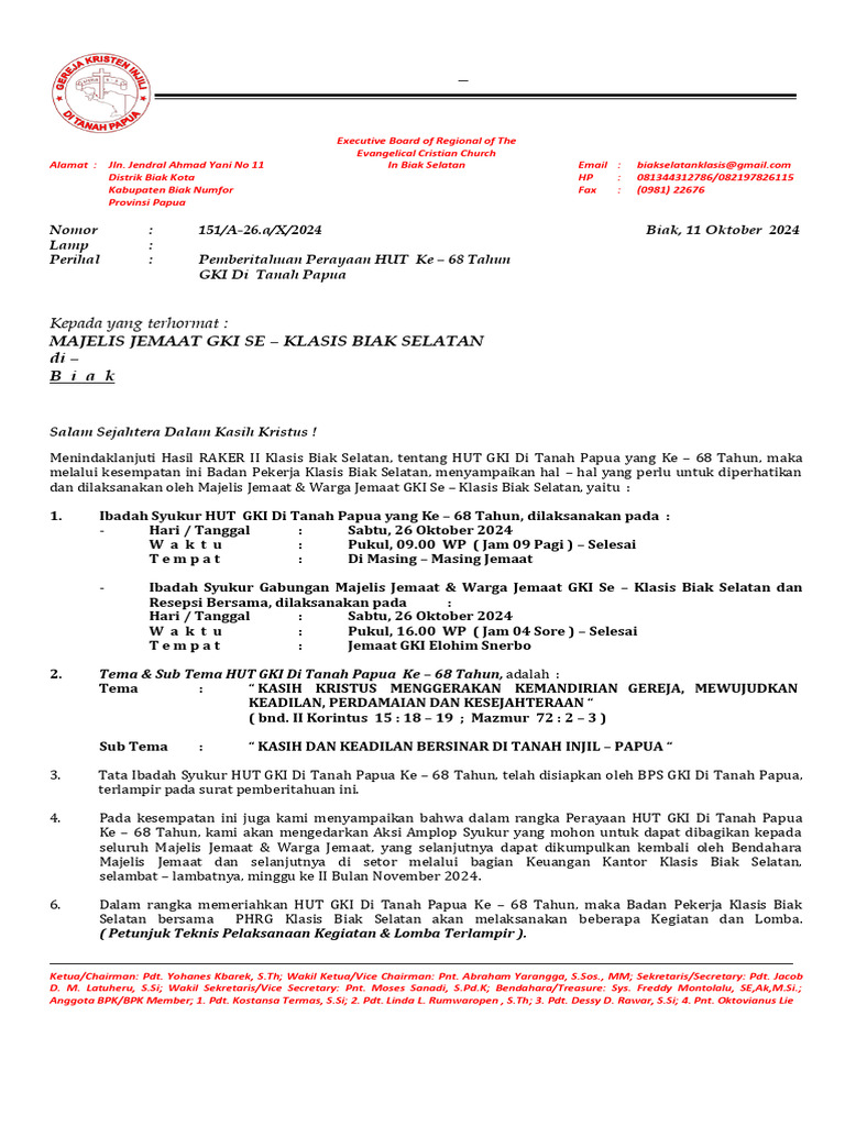 Surat Pemb. Hut Gki Di TP Ke - 68 Tahun | PDF