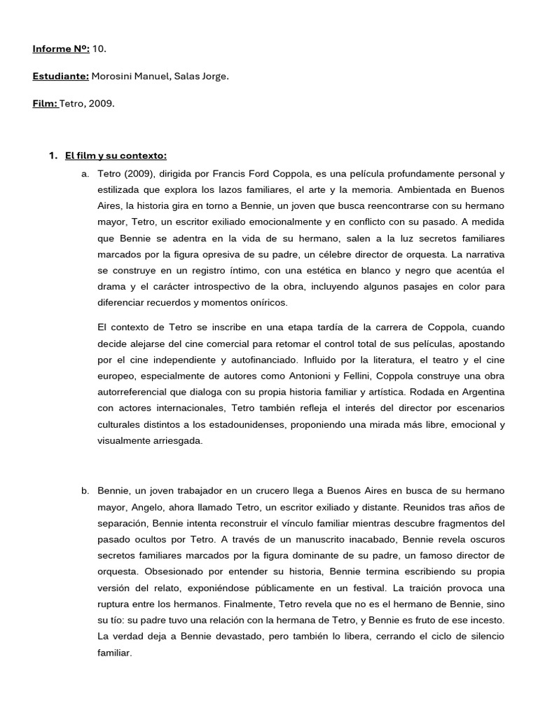 Informe Visionado #10 (Tetro, 2009, Francis Ford Coppola) | PDF