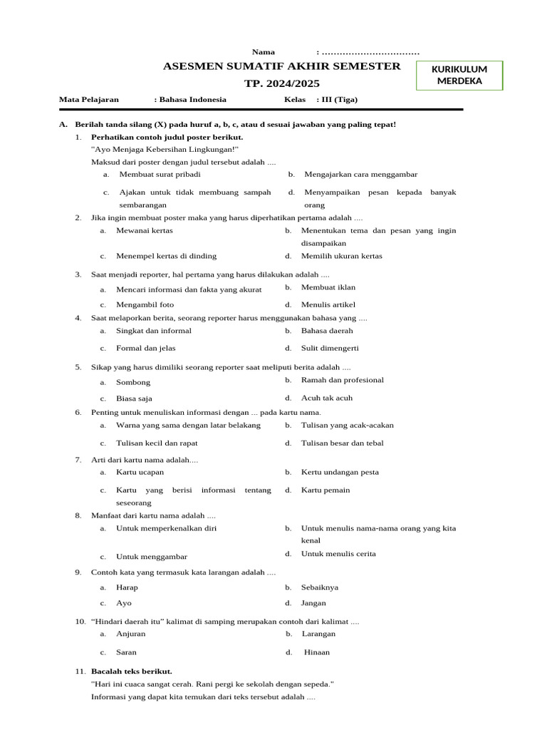 SAT Bhs. Indonesia Kls 3 | PDF