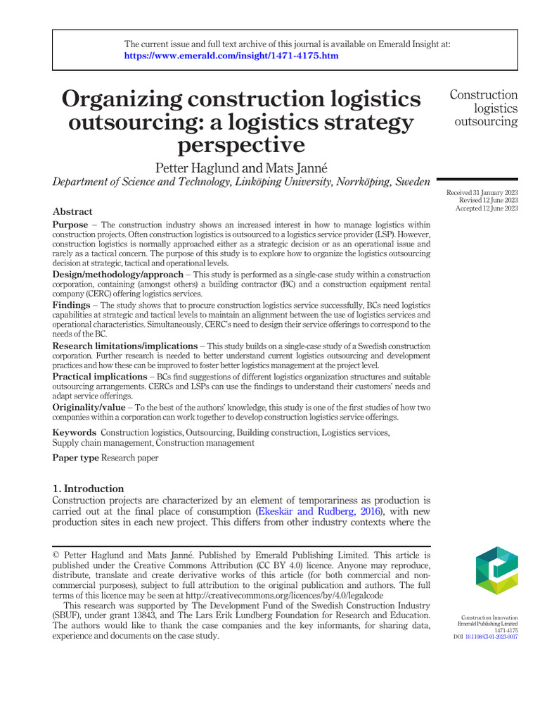 A20 - Organizing Construction Logistics Outsourcing - A Logistics ...