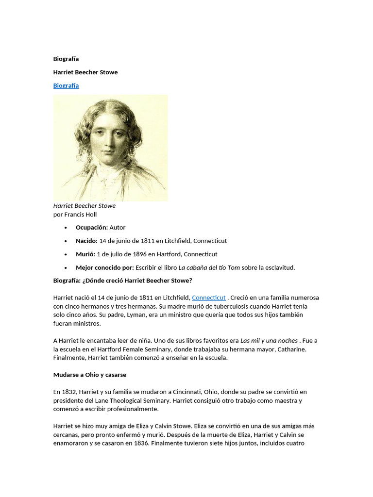 Biografía de libro de daniela | PDF | Harriet Beecher Stowe | La cabaña del tío Tom