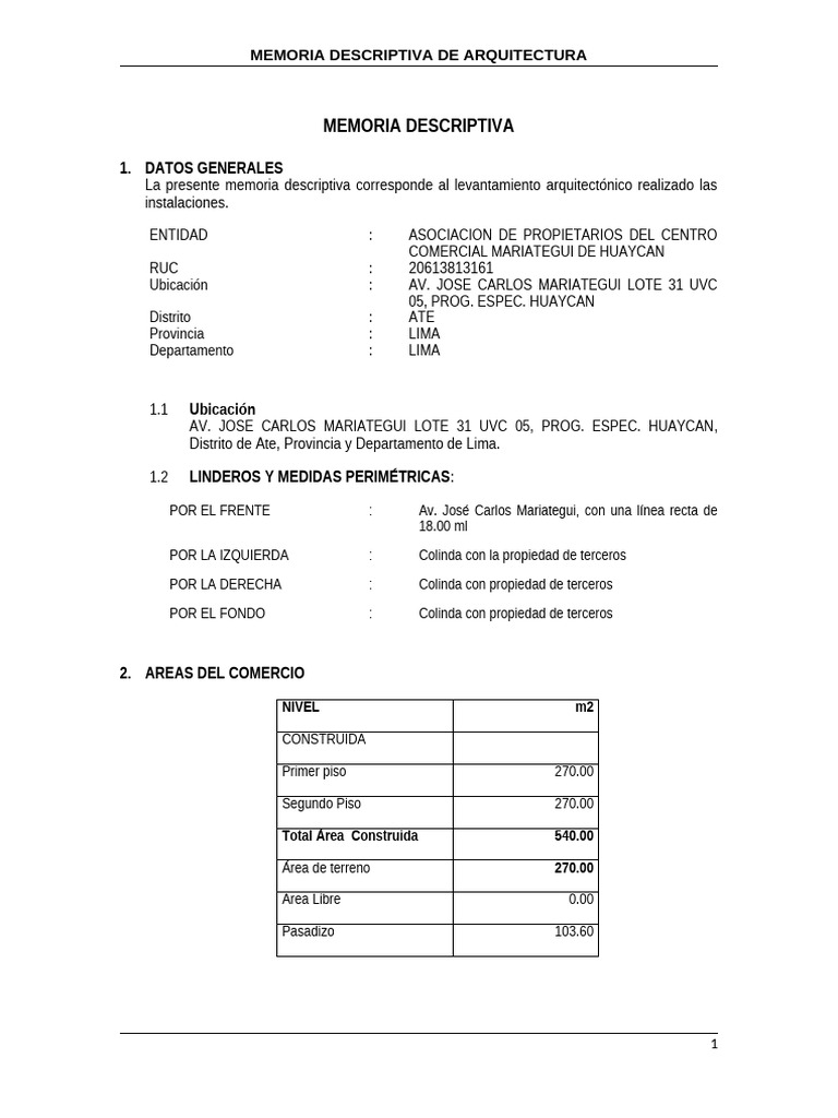 Memoria Descriptiva Arquitectura | PDF | Tap (Válvula) | Materiales de construcción