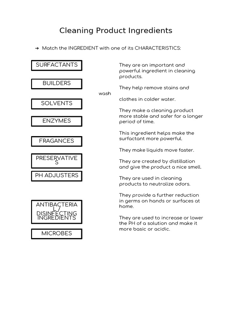 Matching Activity - Cleaning Product Ingredients | PDF
