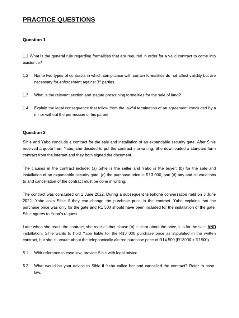 Contract Law Practice Questions and Advice | PDF | Business | Civil Law ...