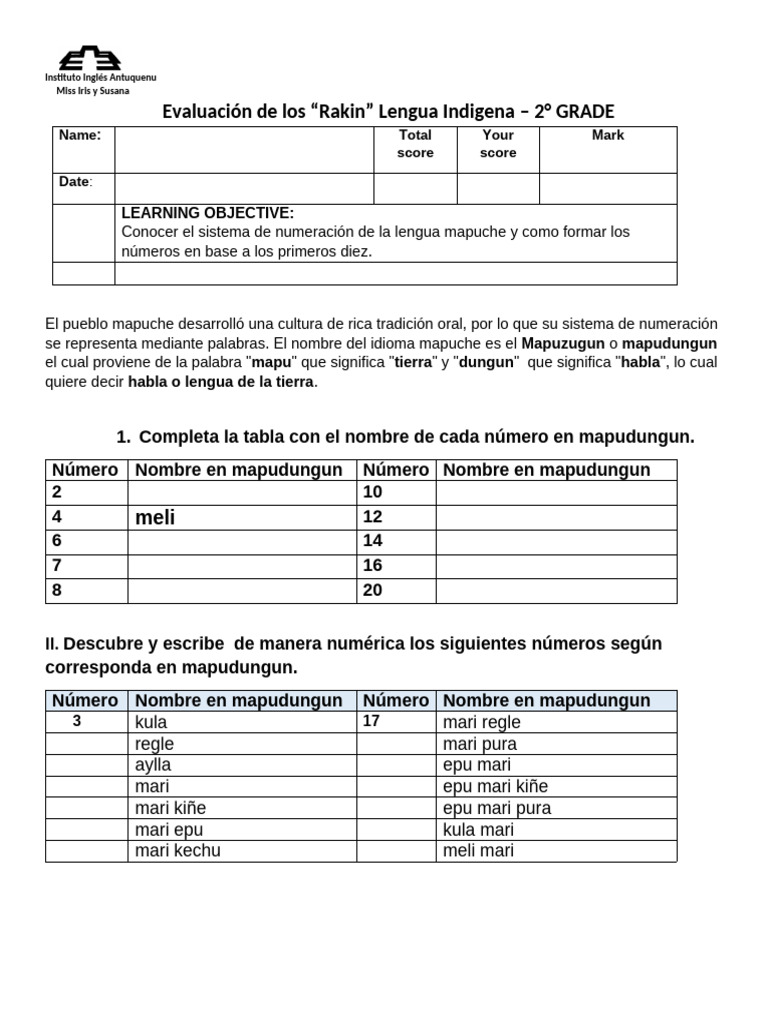 Evaluación de Números en Mapudungun | PDF | Idiomas | Estudios de ...