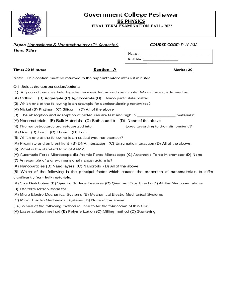 Nanoscience & Nanotechnology Paper (7th Sem) | PDF | Nanotechnology ...