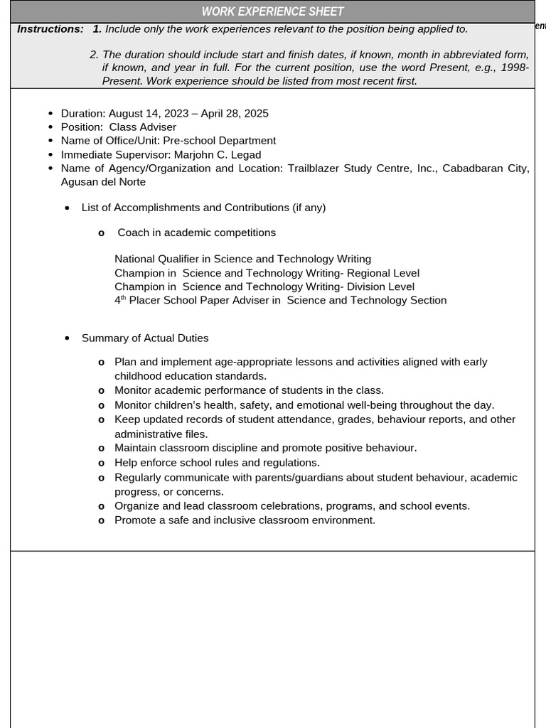 Work Experience Sheet for Class Adviser | PDF
