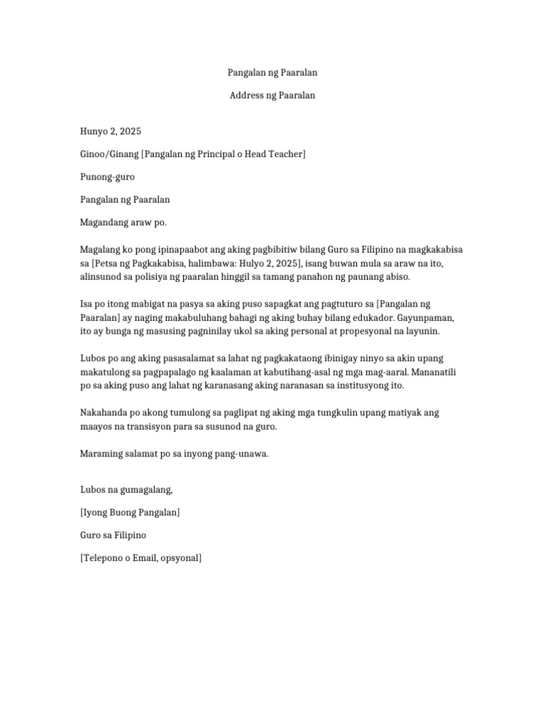 Resignation Letter Filipino | PDF