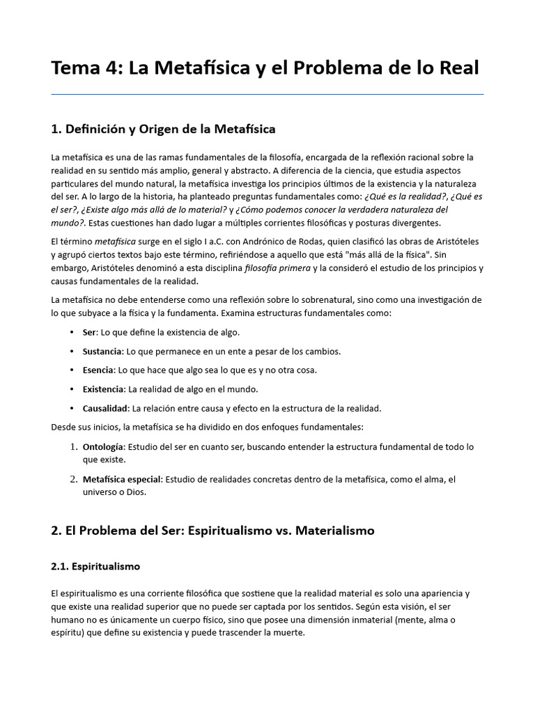 Resumen Filosofía Tema 4 (Completo) | PDF | Metafísica | Realidad