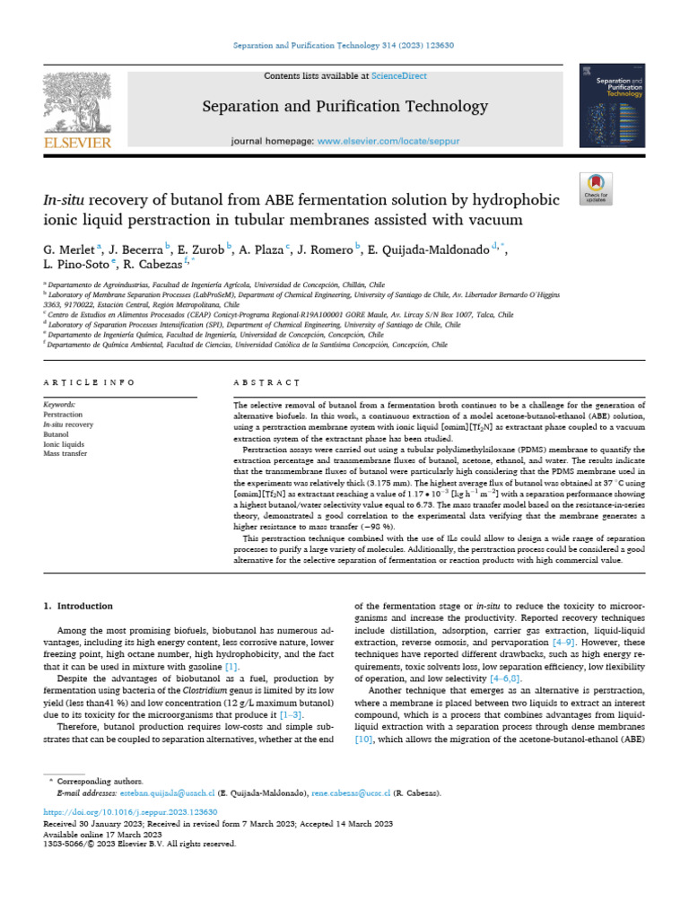 In-Situ Recovery of Butanol From ABE Fermentation Solution by ...