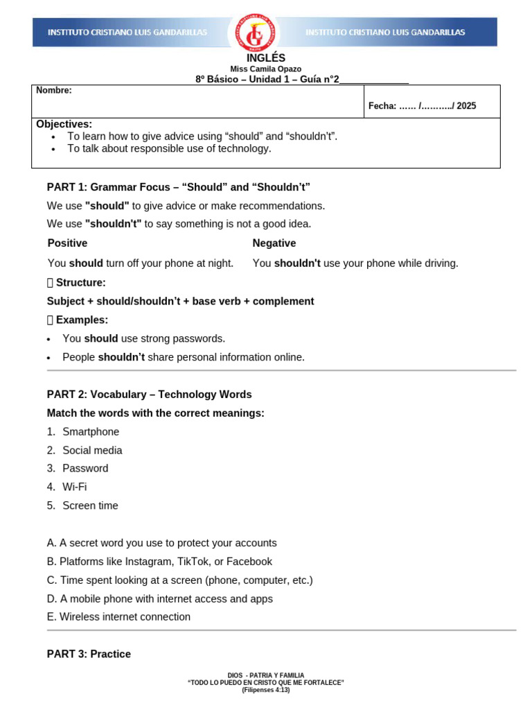 8º Básico - Inglés - Unidad 1 - Guía 2 - Should | PDF | Computing