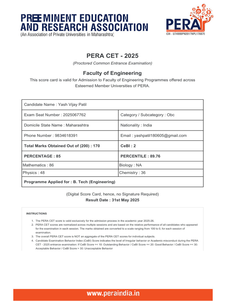 PERA CET 2025 Score Card Details | PDF